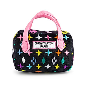 Haute Diggity Dog Black Monogram Chewy Vuiton Handbag, Plush Designer Dog Toys with Interactive Squeaker, Stimulating Pet Enrichment, Machine-Washable & Safe Materials for All Breeds, Size Small