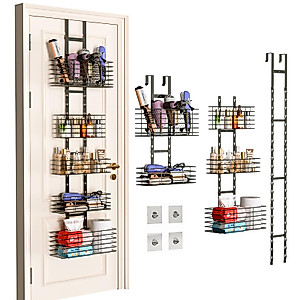 5-Tier Over The Door Bathroom Organizer - Hair Dryer Holder - Hair Tool Organizer Adjustable Height, DIY Bathroom Storage Shelf Wall Mounted for Flat/Curling Irons, Hair Straighteners, Skincare
