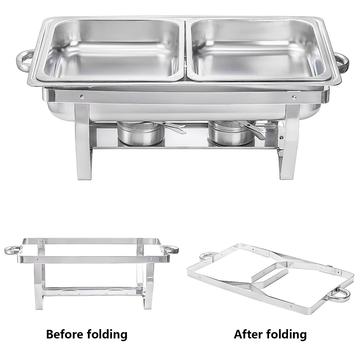 Fasmov Chafing Dish Buffet Set, 8 Quart Stainless Steel Catering Serve Chafer, Restaurant Food Warmer, Rectangular Buffet Stove with 2 Half Size Food Pans and Folding Frame