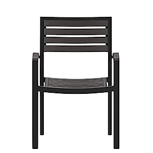 Flash Furniture Lark Set of 2 Stackable Aluminum Patio Chairs - All-Weather Black Framed Side Chairs with Gray Wash Faux Teak Slats - Commercial Grade