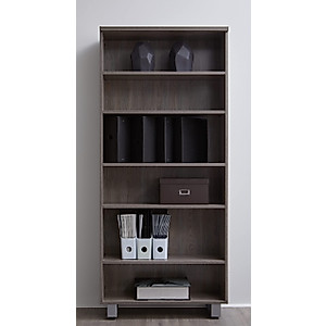 Unique Furniture Modern Zelma 5-Shelf Bookcase with Adjustable Shelves, Metal Frame Base, Freestanding for Office, Living Room, Bedroom, Library, Study Room, 13 x 32 x 72 in., Grey