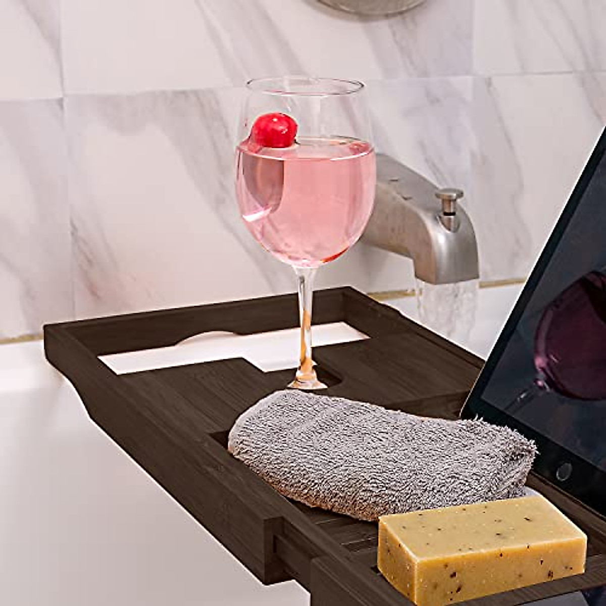 Homemaid Living Luxury Bamboo Bath Tray for Bathtub - Expandable Bathroom Tray with Reading Rack or Tablet Holder, Premium Bath Tray with Wine Glass Holder, Bathroom Caddy, Fits All Bathtubs (Brown)