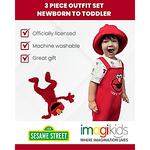 Sesame Street Elmo Newborn Baby Boys French Terry Short Overalls T-Shirt and Hat 3 Piece Outfit Set Red/White 0-3 Months