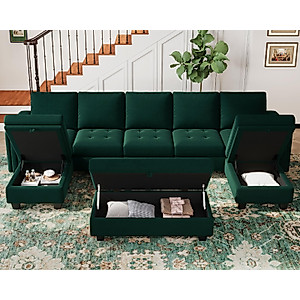 Belffin Modular Sectional Sofa Set Velvet U Shaped Sofa Set with Reversible Wide Chaise Convertible Corner Sectional Sofa Couch Set with Storage Ottoman Green