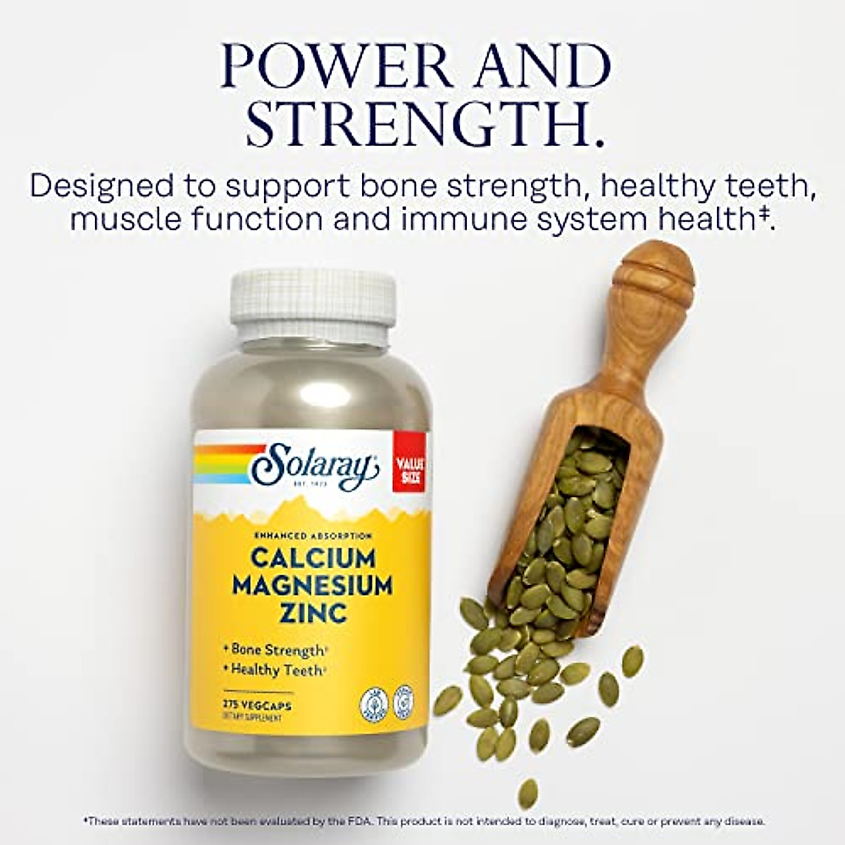 Solaray Calcium Magnesium Zinc Supplement, with Cal & Mag Citrate, Strong Bones & Teeth Support, Easy to Swallow Capsules, Vegan, 68 Servings, 275 VegCaps