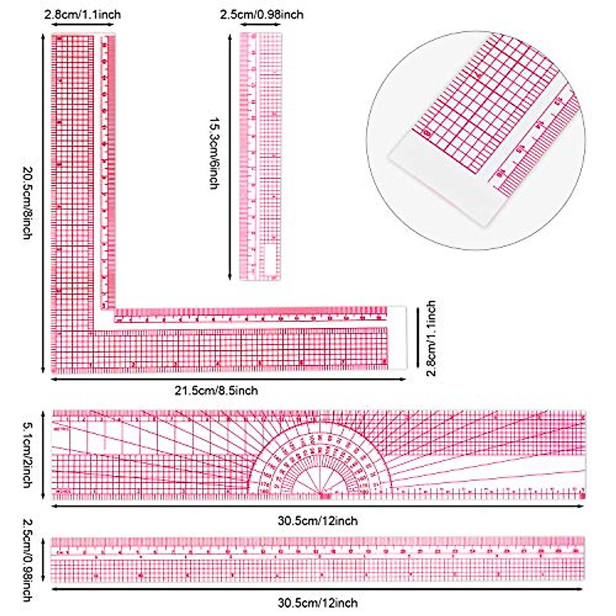 4 Pieces Beveled Transparent Ruler Clear Ruler Plastic French Metric Ruler with 2 Scales Ruler Set for Engineering Studying, 12 Inch/ 30.48 cm, 8 Inch/ 20.5 cm, 6 Inch/ 15.3 cm