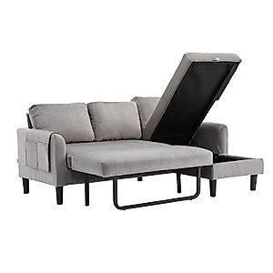 JINS&VICO Sectional Sofa Couch with Storage Chaise, Convertible Sleeper Couch with Side Pocket, Pull-Out Sofa Bed with Sturdy Plastic Legs for Living Room, Study Room, Weight Capacity 600 LBS