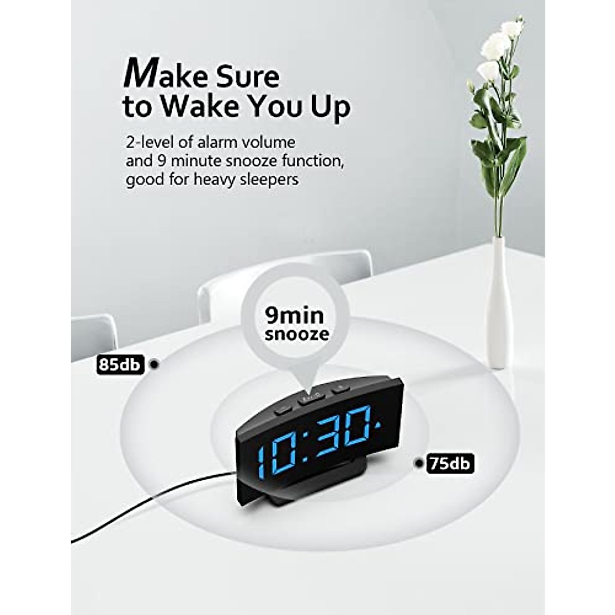 Digital Alarm Clock for Bedrooms, Digital Clock with Modern Curved Design, Conspicuous Blue LED Numbers, 6 Levels Brightness, 2 Volume, 3 Alarm Tones, Snooze, Power-Off Memory, 12/24H, Bedside Clock