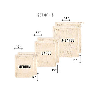 Reusable Produce Bags, Cotton Mesh Produce Bags, Onion Mesh Bag, 100% Organic Cotton, Cloth Produce Bag Grocery, Vegetables Bags for Grocery Shopping, Cotton Vegetables & Fruits Mesh Bag 6 (2XL,2L,2M)