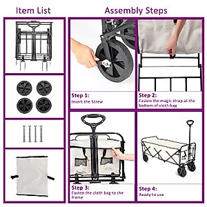 YSSOA Extended Folding Utility Wagon, 330LBS Heavy Loaded Collapsible Garden Cart with Anti-Slip Wheels, Adjustable Handle and Side Pockets, Large, White, X-Large