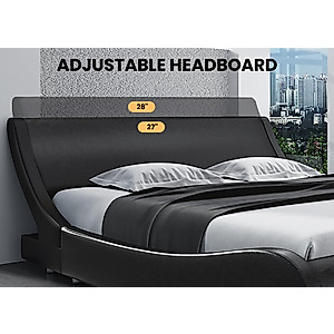 SHA CERLIN Modern Low Profile Platform Bed Frame Queen Size, Stylish Faux Leather Upholstered Sleigh Bed with Adjustable Headboard, No Box Spring Needed, Glossy Black