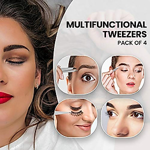 EXCLAIM BEAUTY Tweezers for Women & Men Pack of 4 Stainless Steel Tweezers Set, Precision Tweezers for Eyebrows Splinter Ingrown Hair Removal Tweezers Kit for Women with Leather Case – Silver