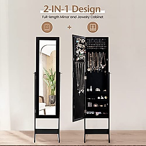 COSTWAY Jewelry Armoire Cabinet, Standing Jewelry Organizer with Full-length Mirror & 3 Adjustable Angles, Large Storage Capacity Jewelry Cabinet for Bedroom, Dressing Room (Black)
