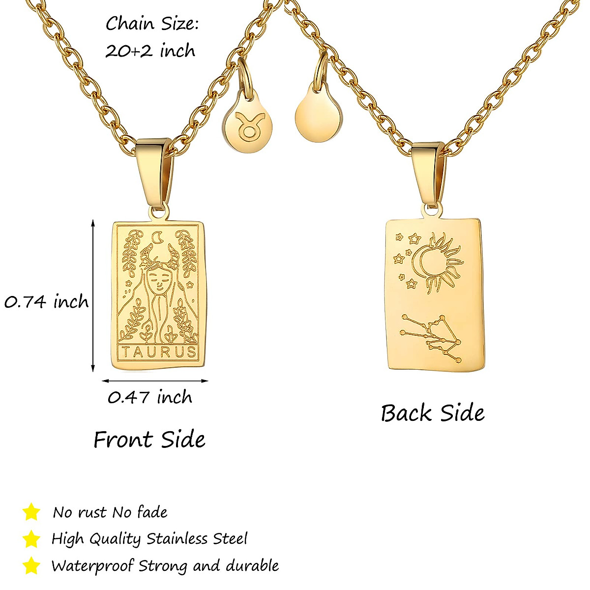 Zodiac Sign Necklace for Women Constellation Tarot Card Pendant Double Sided Gold Stainless Steel Waterproof NonTarnish Friendship Jewelry Gift（Taurus）