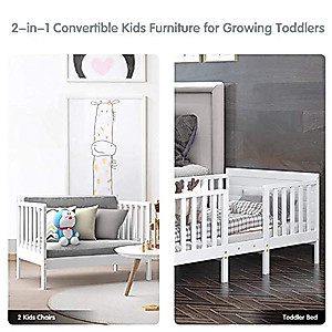 Costzon 2 in 1 Convertible Toddler Bed Frame, Converts to Two Chairs, Classic Wood Kids Bed w/Double Side Safety Guardrails, Footboard for Extra Safety, Fits Full Size Crib Mattress (White)