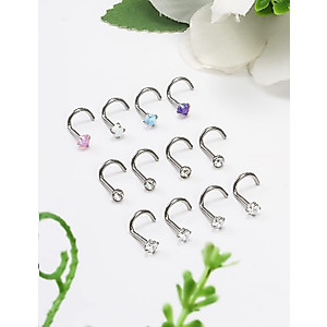 Cisyozi 22G Nose Rings Stud Piercing Jewelry Women Stainless Surgical Steel Nose Stud Silver Screw Twist Spiral Corkscrew Nose Nostril Ring Stud Hook Set Piercing Jewelry Women Men 1.5mm Diamond Opal