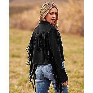 BTFBM Women Fashion Cropped Tassel Fringe Faux Suede Leather Jacket Fall Winter Long Sleeve Lapel Neck Moto Coat Outwear(Solid Black, XX-Large)