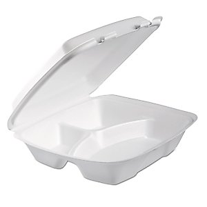 DART 90HTPF3R Foam Hinged Lid Container 3-Comp 9 x 9 2/5 x 3 White 100/Bag 2 Bag/Carton