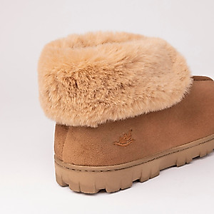 EUROPEAN SOFTEST Women's Micro Suede Faux Fur Fleece Lined Cozy 80-D High-Density Memory Foam Winter Slipper Bootie Breathable House Shoes with Non Skid Indoor Outdoor Sole (5-6, Camel)