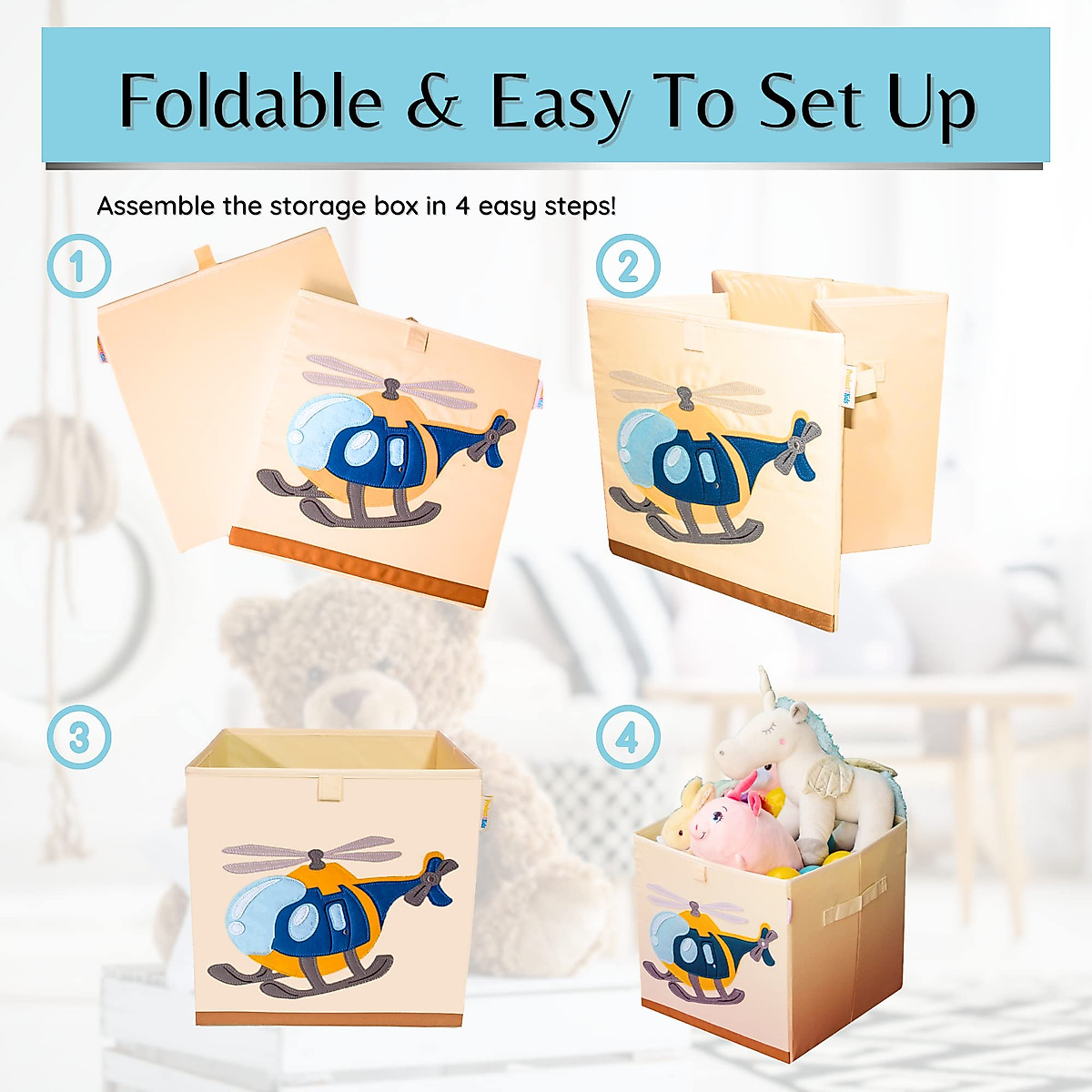 Product 4 Kids - Washable Cube Storage Organizer Bins, Foldable Canvas Toy Organizers and Storage for Toys, Books, Clothes- Kids Storage Bins for Bedroom or Playroom-13x13x13 Inch (Helicopter)