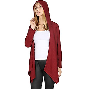 LATT Dress Women Long Sleeve Open Front Draped Cardigan Waffle Fabric Pocket Hoodie Outwear, Burgandy,S, Burgandy