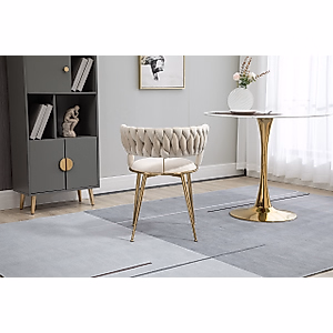 DUOSI Leisure Dining Chairs Set of 2, Velvet Upholstered Accent Side Chair, Modern Leisure Chair with Weaving Back and Golden Metal Legs for Living Room Kitchen Bedroom Pub, Ivory