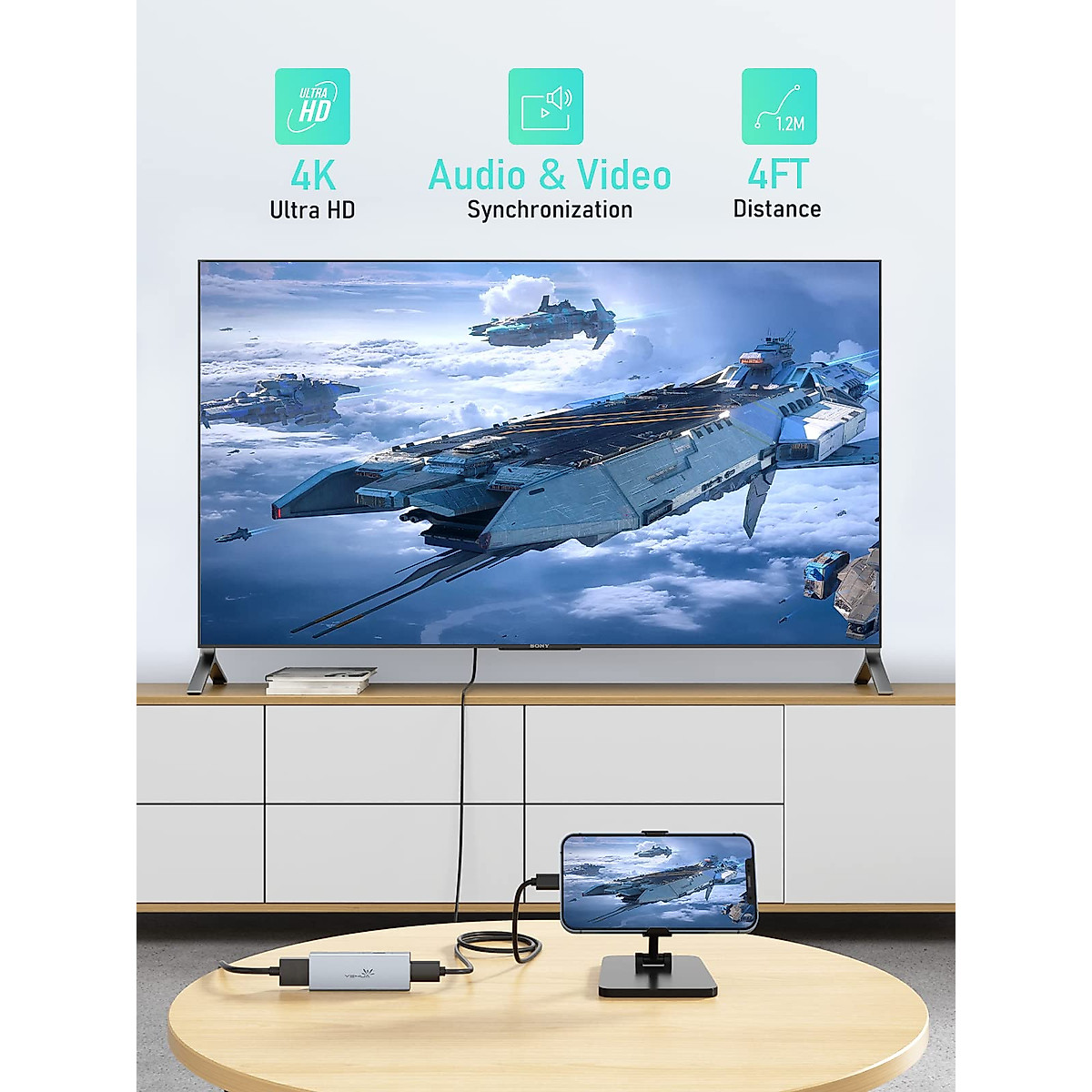 YEHUA Lightning to HDMI Adapter with 4FT Cable, 4K Digital AV HDMI Adapter for iPhone/iPad to TV/Projector, Video Audio Sync Screen Converter with Charging Port, Support All iOS Projector