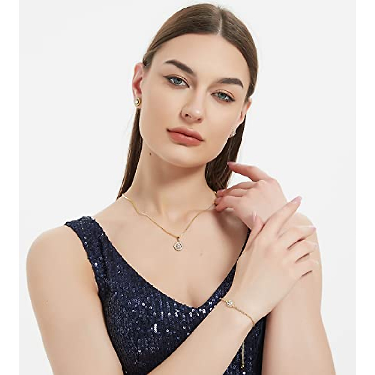 UDYLGOON Round Earrings Necklace Bracelet Jewelry Set For Women Bridal Bridesmaid Party Prom Daily (Gold)