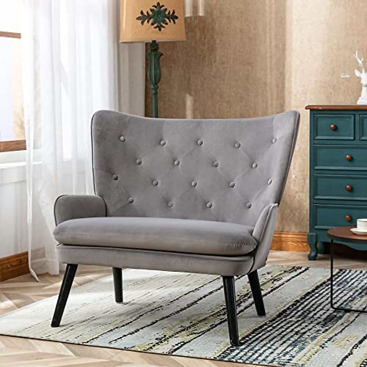 Dolonm Accent Chair Velvet Small Loveseat Tufted Button Wingback Armchair Modern Mid Century Settee Loveseat with Solid Wood Legs for Living Room Bedroom Reading Waiting Room (Silver)