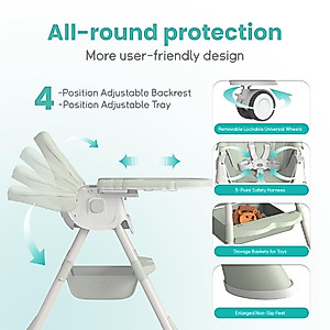 Baby Folding High Chair Convertible Compact with Removable 5-Point Harness for Baby Girl & Boy Ages 6-72 Months Adjustable & Removable Detachable Double Tray Easy to Clean with Wheels