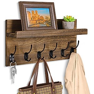 HRONRAD Shelf with Hooks, Coat Rack Wall Mount with 6 Double Metal Hooks, 17 Inch Farmhouse Wall Hooks with Shelf, for Entryway, Bathroom, Kitchen, Rustic Brown
