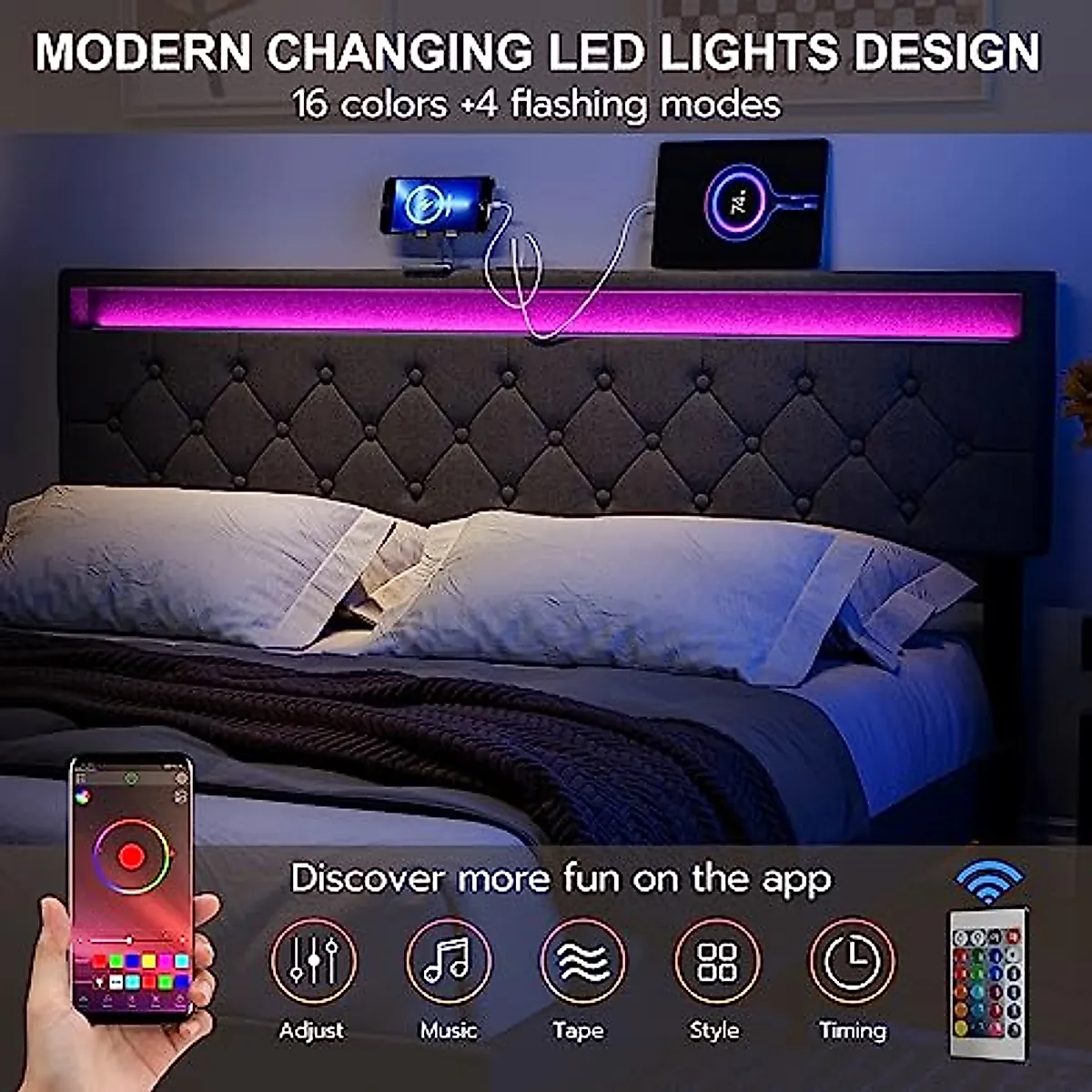 IKIFLY Upholstered California King Size LED Headboard with LED Lights & 2 USB Ports - Adjustable Height - Button Tufted Linen Fabric Padded Headboard Only, Easy Assembly - Dark Grey/Cal King