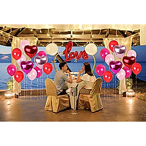 Treasures Gifted - LOVE Valentine’s Day Balloons - Red Letters w/ Red, Magenta & Blush Pink Metallic & Heart Shaped Balloons - Valentine’s Day Decor Kit w/ Pink Ribbon & Temporary Adhesive Dots