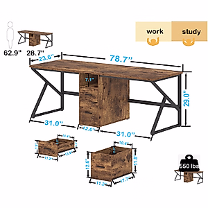 IBF 79" Two Person Office Desk,Large Double Long Pc Desk with File Drawer, 2 Person Computer Desk with Storage Cabinet Shelf, Industrial Wood Modern Work Dual Computer Table for Home, Rustic Brown