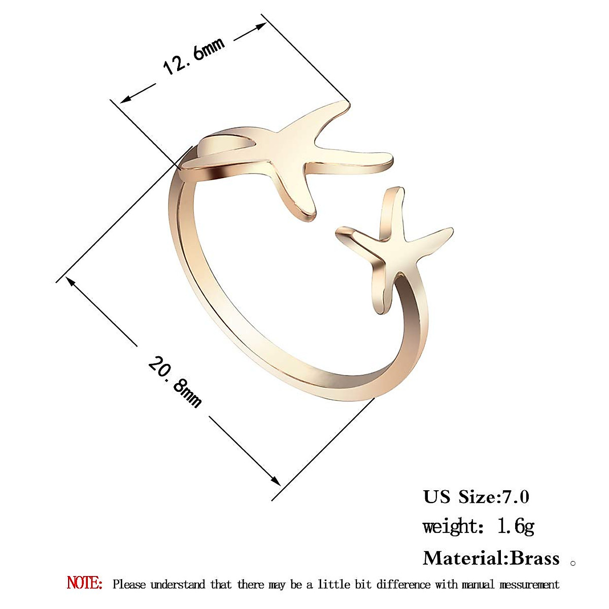 QIAN0813 Adjustable Elegant Sea Star Marine Life Finger Ring Double Star Open Finger Ring (gold)