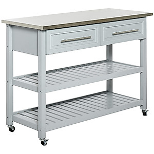 HOMCOM Kitchen Island Rolling Utility Trolley Cart with 2 Drawers Stainless Steel Top - Grey
