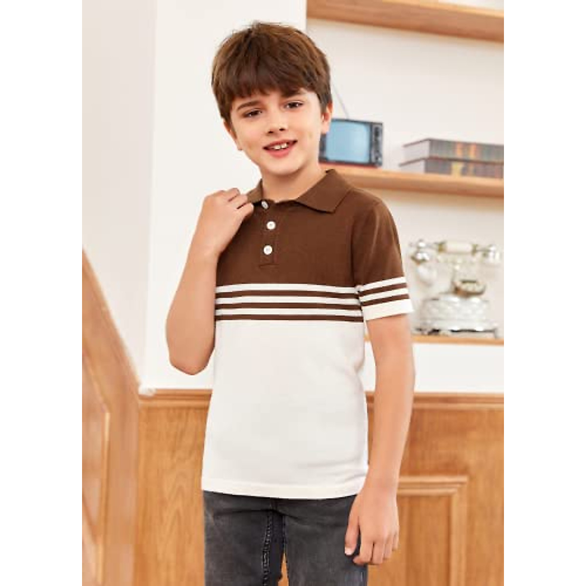 Boys Short Sleeve Polo Shirt, Button Closure, Knit Stretch Stripe T-Shirts for Kids and Teens 5-14 Years Brown