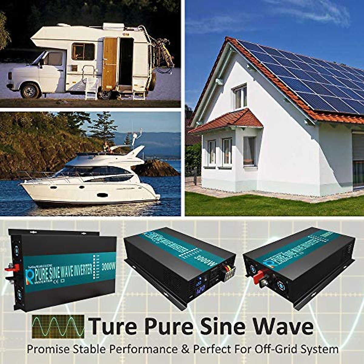 WZRELB 3000watt Pure Sine Wave Inverter 12V DC to 120V AC 60HZ with LED Display Wireless Remote Controller Car Inverter Generator (RBP300012VCRT)