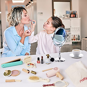 XAOHAO Pretend Play,Wooden Beauty Salon Toys for Girls, Make Up Set Toy Gift,15 Pieces Makeup Play Set with Makeup,Perfume,Lipstick,Mirror, Hair Dryer,Mascara, Cosmetics Case and Storage Bag