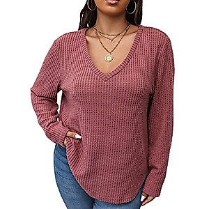 SOLY HUX Women's Plus V Neck Long Sleeve T Shirt Curved Hem Knit Sweater Pullover Tops Solid Pink 3XL