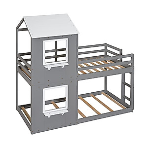 MERITLINE Twin Over Twin House Bunk Bed, Wood Low Floor Bunk Bed Frame with Roof, Window and Full Length Guardrail for Kids, Teens, No Box Spring Needed (Grey)