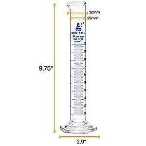 EISCO Graduated Cylinder, 100ml - Class A Tolerance ±0.50ml - Hexagonal Base - Blue Graduations - Borosilicate 3.3 Glass