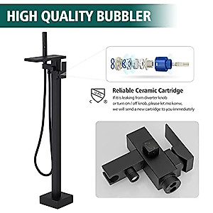 Hoimpro Freestanding Bathtub Faucet Waterfall Tub Filler Matte Black Floor Mount Brass Single Handle Bathroom Tub Faucets with 2 Function Hand Shower Wand