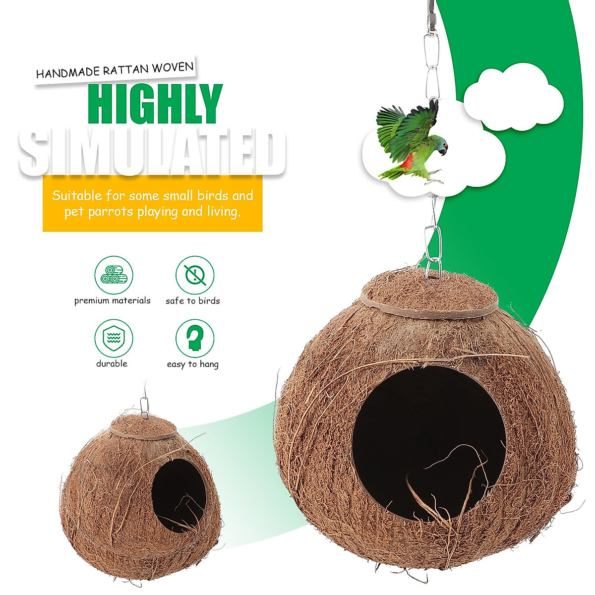 VILLCASE Outdoor Toys Bird Natural Shell Bird House Parakeet Budgie Cockatiel Finch Sparrows Breeding Nesting Bird Aviary Cage Box -Pecking Bite (Chain Style) Outdoor Playset