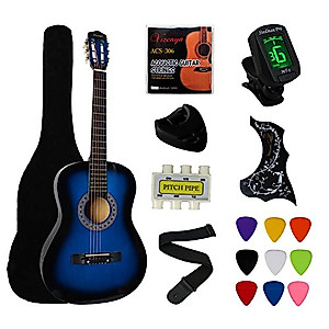 YMC 38" Blue Beginner Acoustic Guitar Starter Package Student Guitar with Gig Bag,Strap, 3 thickness 9 Picks,2 Pickguards,Pick Holder, Extra Strings, Electronic Tuner -Blue