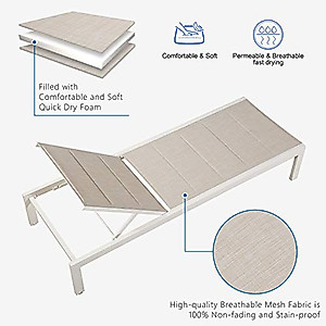 Iwicker 2 PCS Patio Aluminum Chaise Lounges Outdoor Weather-Resistant Textilene Quick Dry Foam Padded Lounge Chairs with Adjustable Backrest and Wheels, Beige