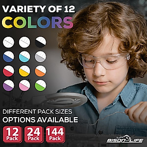 BISON LIFE Safety Glasses for Kids 12 Pack | ANSI Z87 Impact and Scratch Resistant, Clear Lens Assorted Color Temples, Child Youth Size Science Glasses Variety Pack