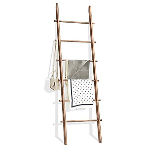 FUIN 6ft Wood Blanket Ladder Living Room Decorative Wall Leaning Farmhouse Quilt Display Holder Storage Rustic Wooden Towel Rack for Bathroom, Light Brown