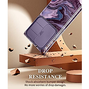 GVIEWIN Compatible with Samsung Galaxy S23 Ultra Case with Slide Camera Cover, [Military Grade Drop Protection] Slim Marble Shockproof Protective Phone Case Fit S23 Ultra 5G 6.8" (Quicksand/Purple)