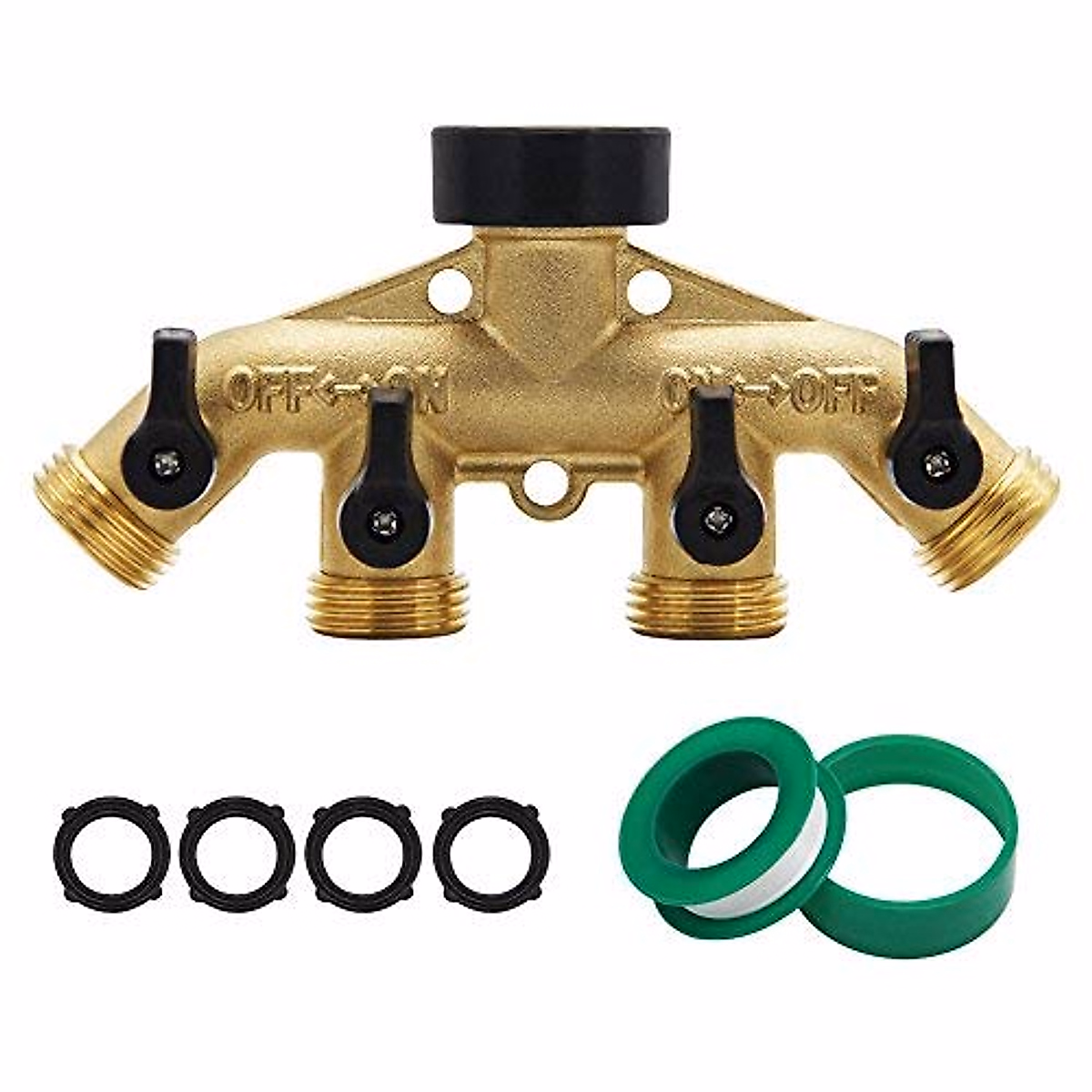 ATDAWN 4 Way Brass Hose Splitter, 3/4" Brass Hose Faucet Manifold, Garden Hose Adapter Connector